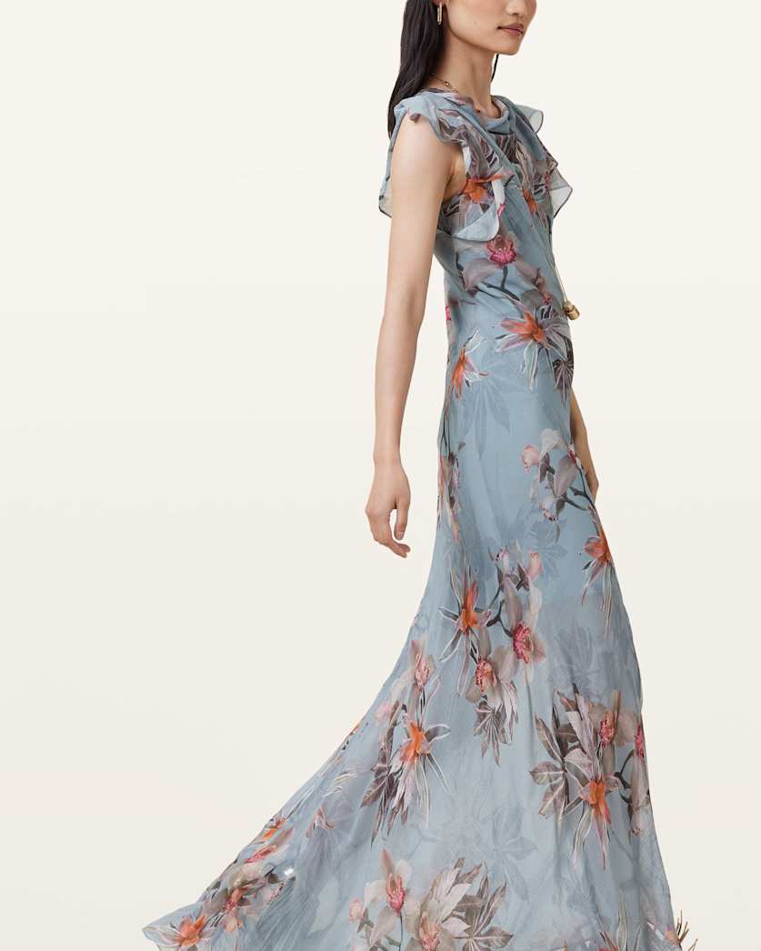 Flora Printed Maxi Dress ADENA DUSTY BLUE | ALLSAINTS